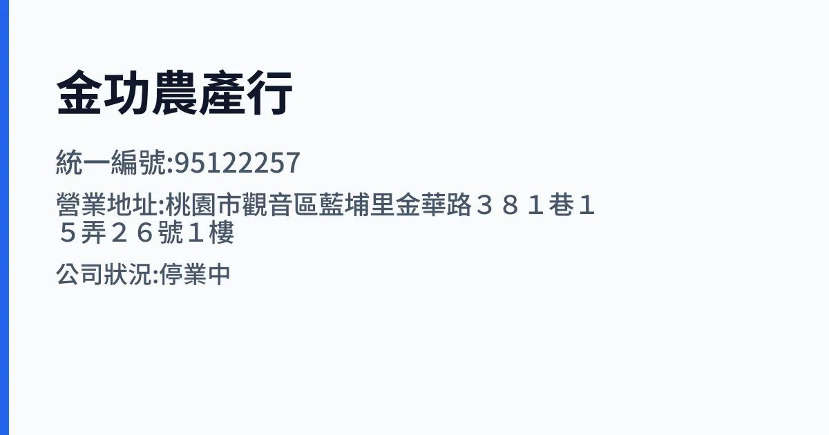 金功農產行 - 統編 95122257(桃園市) 公司登記資料與營業項目詳細圖表