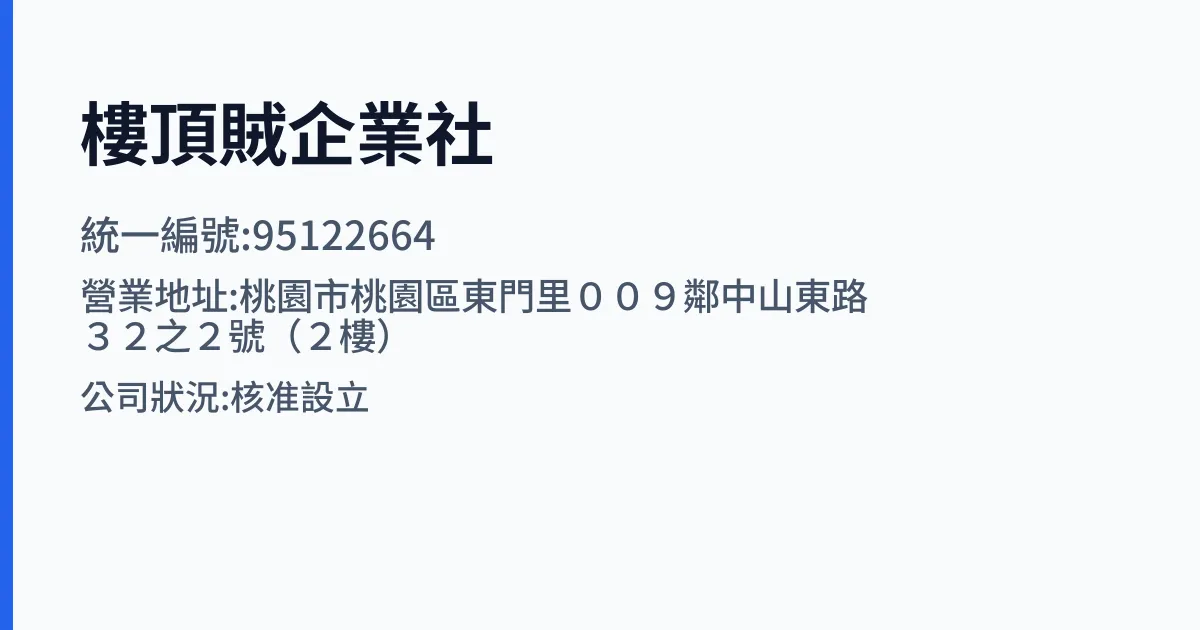 樓頂賊企業社 - 統編 95122664(桃園市) 公司登記資料與營業項目詳細圖表