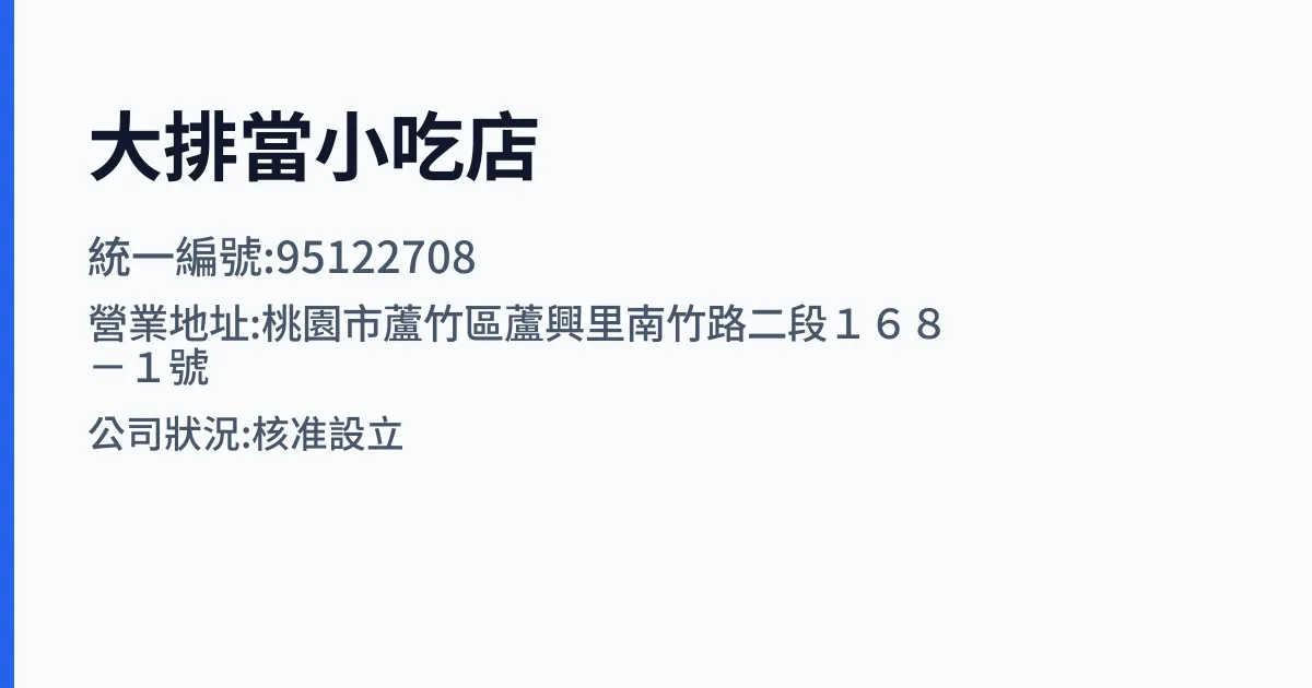 大排當小吃店 - 統編 95122708(桃園市) 公司登記資料與營業項目詳細圖表