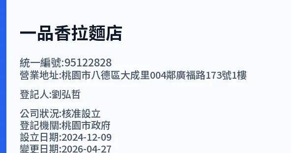 一品香拉麵店的照片-統編 95122828(桃園市) 公司登記資料與營業項目詳細圖表