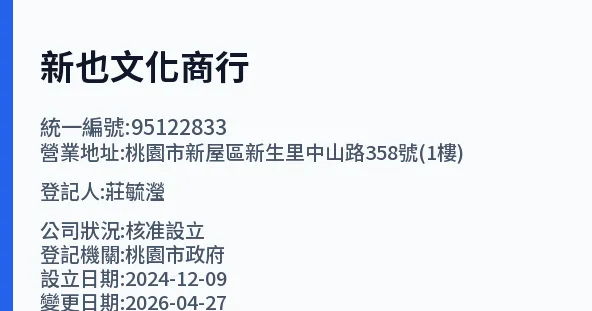 新也文化商行的照片-統編 95122833(桃園市) 公司登記資料與營業項目詳細圖表