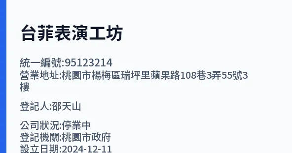 台菲表演工坊的照片-統編 95123214(桃園市) 公司登記資料與營業項目詳細圖表