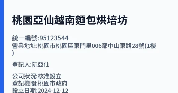桃園亞仙越南麵包烘培坊的照片-統編 95123544(桃園市) 公司登記資料與營業項目詳細圖表