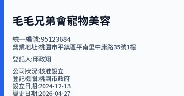 毛毛兄弟會寵物美容的照片-統編 95123684(桃園市) 公司登記資料與營業項目詳細圖表