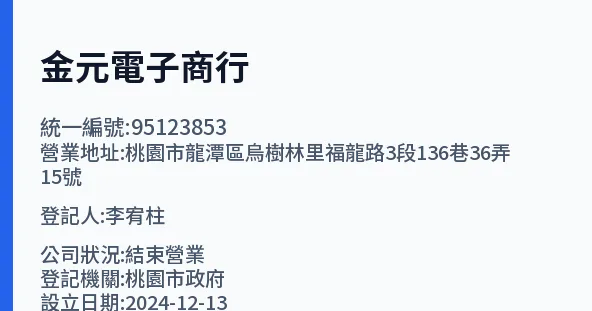 金元電子商行的照片-統編 95123853(桃園市) 公司登記資料與營業項目詳細圖表