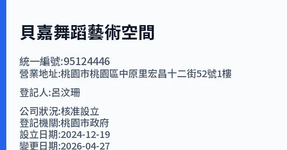 貝嘉舞蹈藝術空間的照片-統編 95124446(桃園市) 公司登記資料與營業項目詳細圖表