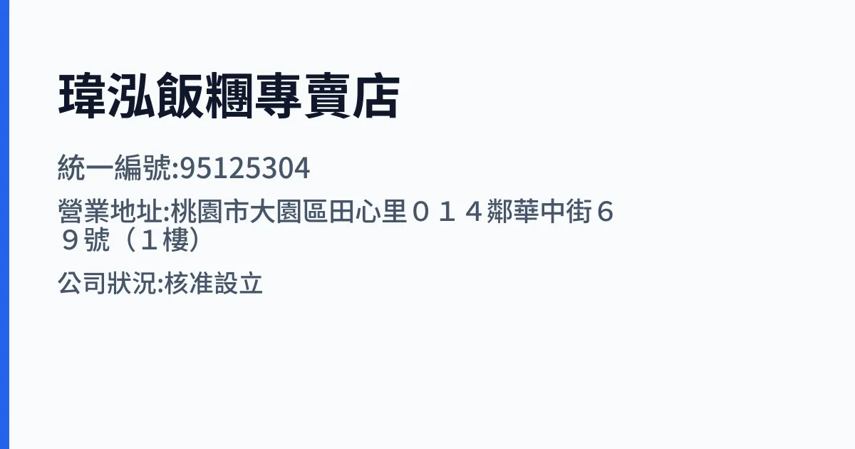 瑋泓飯糰專賣店 - 統編 95125304(桃園市) 公司登記資料與營業項目詳細圖表