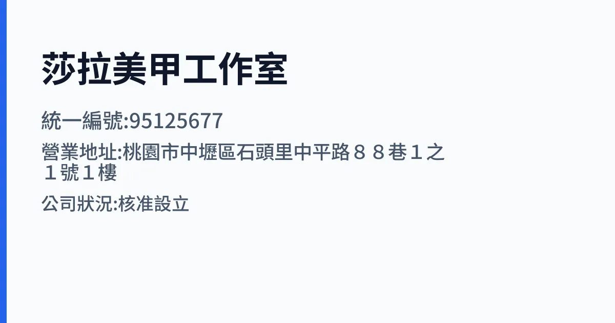 莎拉美甲工作室 - 統編 95125677(桃園市) 公司登記資料與營業項目詳細圖表