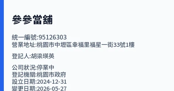 參參當舖的照片-統編 95126303(桃園市) 公司登記資料與營業項目詳細圖表