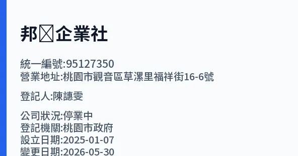 邦曟企業社的照片-統編 95127350(桃園市) 公司登記資料與營業項目詳細圖表