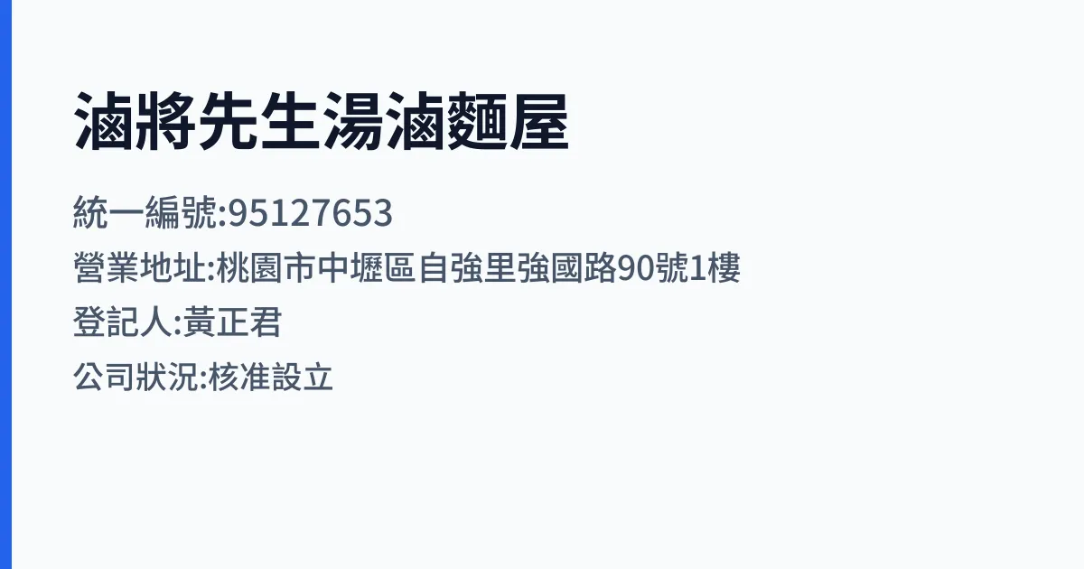 滷將先生湯滷麵屋 - 統編 95127653（桃園市） 公司登記資料與營業項目詳細圖表