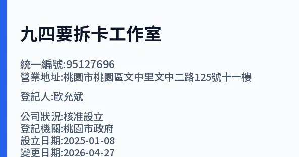 九四要拆卡工作室的照片-統編 95127696(桃園市) 公司登記資料與營業項目詳細圖表