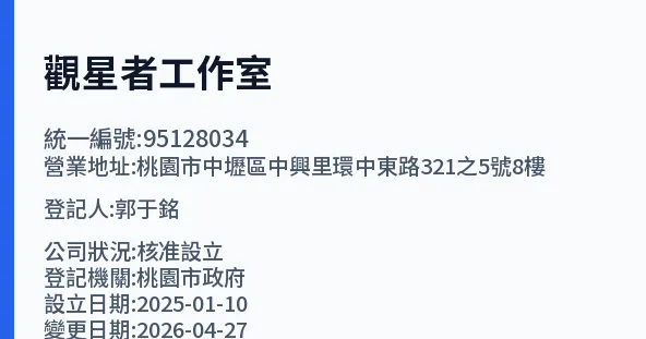 觀星者工作室的照片-統編 95128034(桃園市) 公司登記資料與營業項目詳細圖表