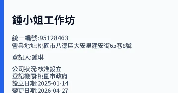 鍾小姐工作坊的照片-統編 95128463(桃園市) 公司登記資料與營業項目詳細圖表