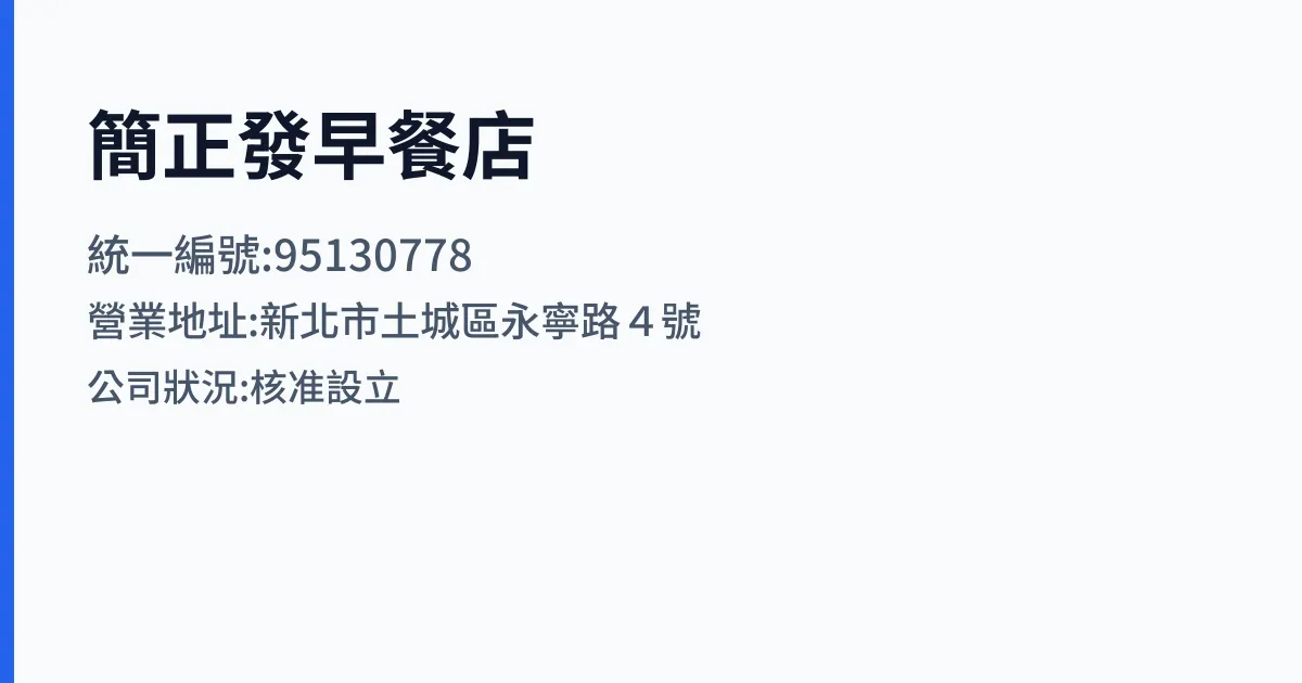 簡正發早餐店 - 統編 95130778(新北市) 公司登記資料與營業項目詳細圖表