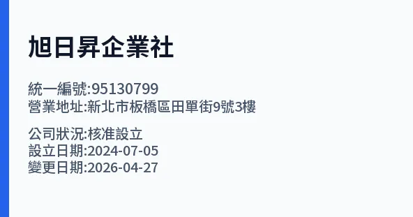 旭日昇企業社的照片-統編 95130799(新北市) 公司登記資料與營業項目詳細圖表