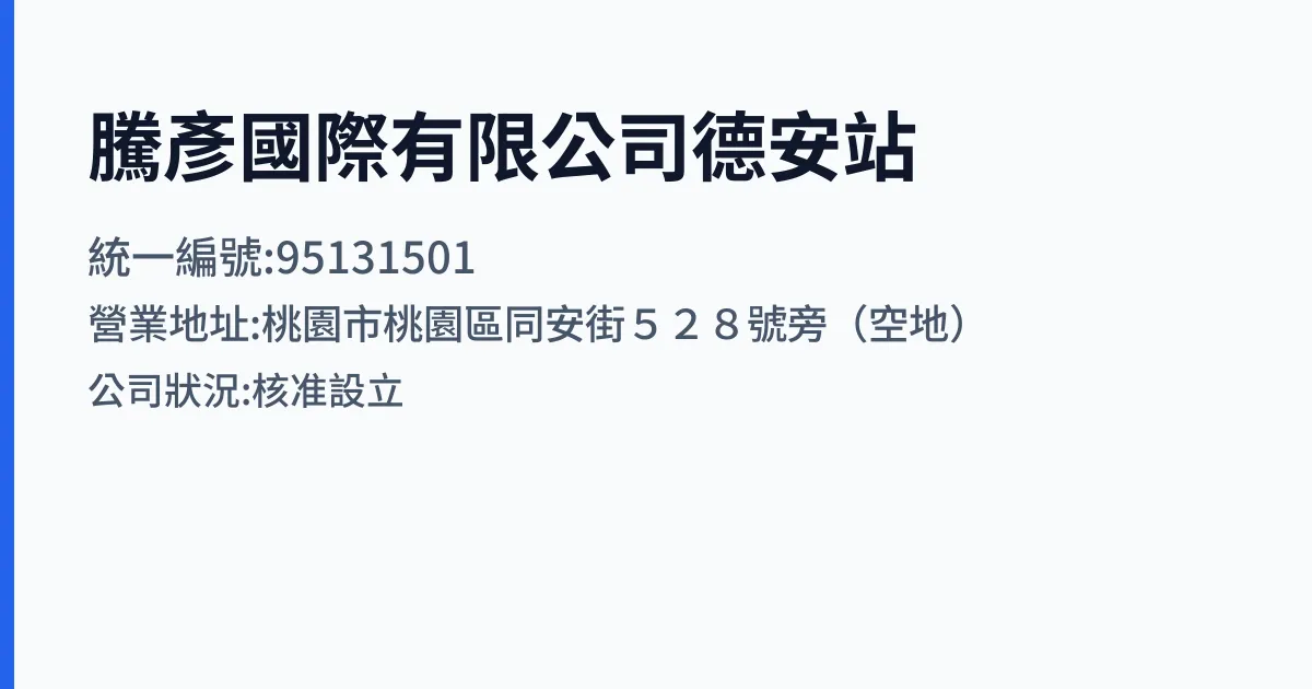 騰彥國際有限公司德安站 - 統編 95131501(桃園市) 公司登記資料與營業項目詳細圖表