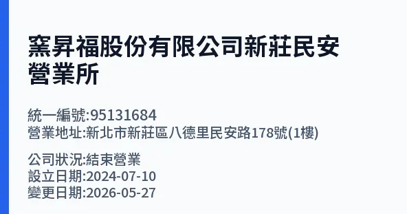 窯昇福股份有限公司新莊民安營業所的照片-統編 95131684(新北市) 公司登記資料與營業項目詳細圖表