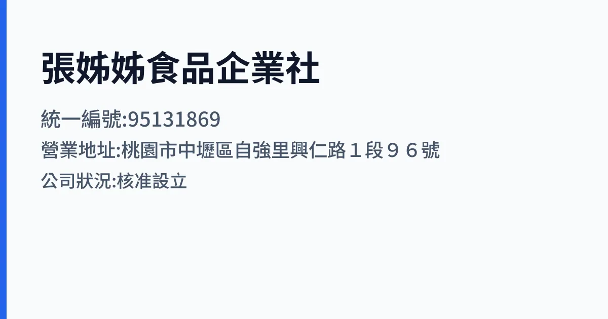張姊姊食品企業社 - 統編 95131869(桃園市) 公司登記資料與營業項目詳細圖表
