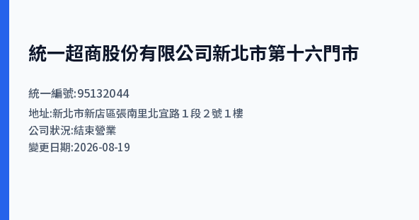 統一超商股份有限公司新北市第十六門市的照片-統編 95132044(新北市) 公司登記資料與營業項目詳細圖表