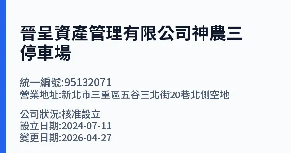 晉呈資產管理有限公司神農三停車場的照片-統編 95132071(新北市) 公司登記資料與營業項目詳細圖表