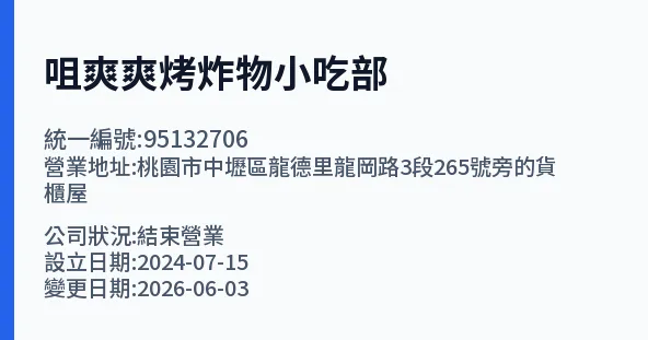 咀爽爽烤炸物小吃部的照片-統編 95132706(桃園市) 公司登記資料與營業項目詳細圖表