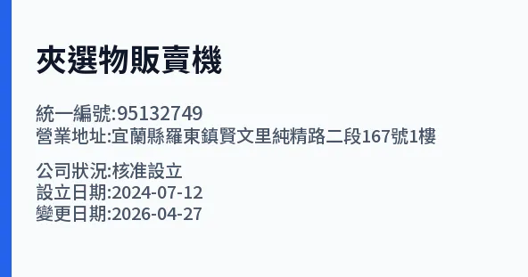 夾選物販賣機的照片-統編 95132749(宜蘭縣) 公司登記資料與營業項目詳細圖表