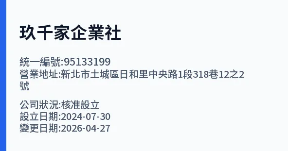 玖千家企業社的照片-統編 95133199(新北市) 公司登記資料與營業項目詳細圖表