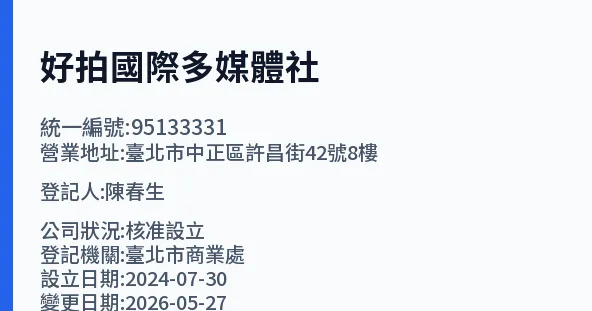 好拍國際多媒體社的照片-統編 95133331(臺北市) 公司登記資料與營業項目詳細圖表