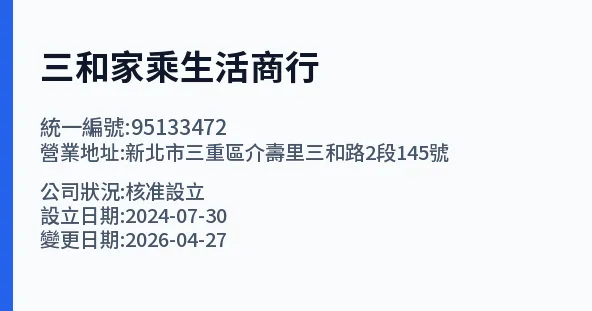 三和家乘生活商行的照片-統編 95133472(新北市) 公司登記資料與營業項目詳細圖表