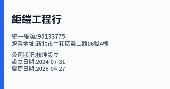 鉅鎧工程行的照片-統編 95133775(新北市) 公司登記資料與營業項目詳細圖表