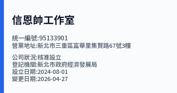 信恩帥工作室的照片-統編 95133901(新北市) 公司登記資料與營業項目詳細圖表