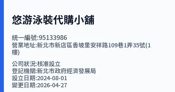 悠游泳裝代購小舖的照片-統編 95133986(新北市) 公司登記資料與營業項目詳細圖表