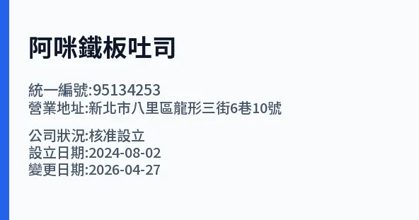 阿咪鐵板吐司的照片-統編 95134253(新北市) 公司登記資料與營業項目詳細圖表