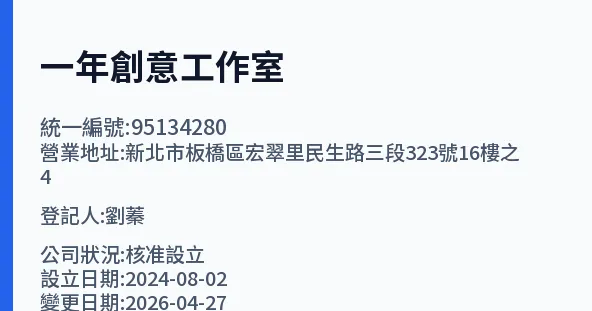 一年創意工作室的照片-統編 95134280(新北市) 公司登記資料與營業項目詳細圖表