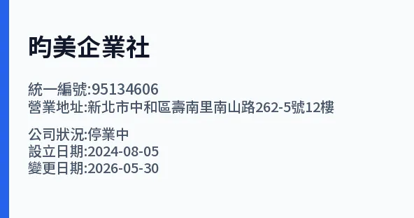 昀美企業社的照片-統編 95134606(新北市) 公司登記資料與營業項目詳細圖表