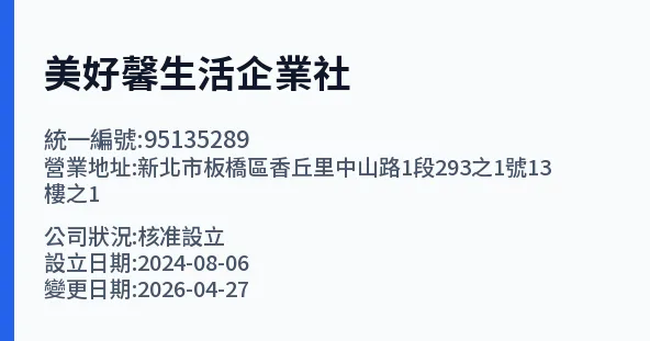 美好馨生活企業社的照片-統編 95135289(新北市) 公司登記資料與營業項目詳細圖表