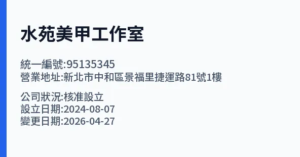 水苑美甲工作室的照片-統編 95135345(新北市) 公司登記資料與營業項目詳細圖表