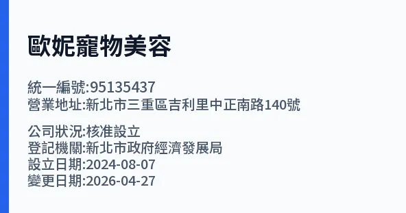 歐妮寵物美容的照片-統編 95135437(新北市) 公司登記資料與營業項目詳細圖表