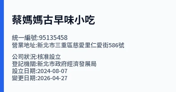 蔡媽媽古早味小吃的照片-統編 95135458(新北市) 公司登記資料與營業項目詳細圖表