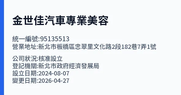 金世佳汽車專業美容的照片-統編 95135513(新北市) 公司登記資料與營業項目詳細圖表