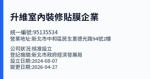 升維室內裝修貼膜企業的照片-統編 95135534(新北市) 公司登記資料與營業項目詳細圖表