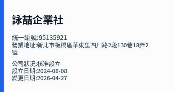 詠喆企業社的照片-統編 95135921(新北市) 公司登記資料與營業項目詳細圖表