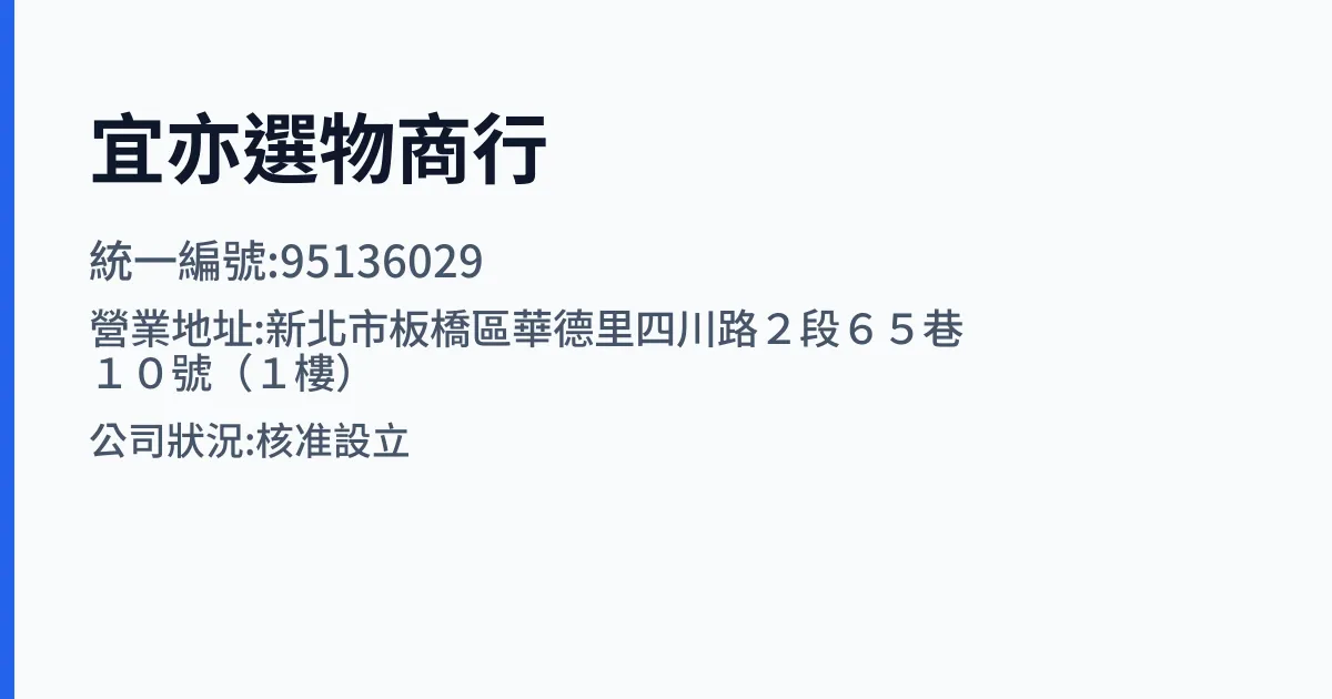 宜亦選物商行 - 統編 95136029(新北市) 公司登記資料與營業項目詳細圖表