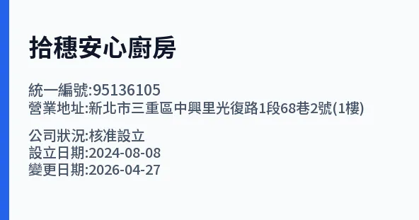 拾穗安心廚房的照片-統編 95136105(新北市) 公司登記資料與營業項目詳細圖表