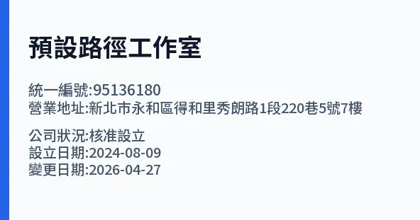 預設路徑工作室的照片-統編 95136180(新北市) 公司登記資料與營業項目詳細圖表