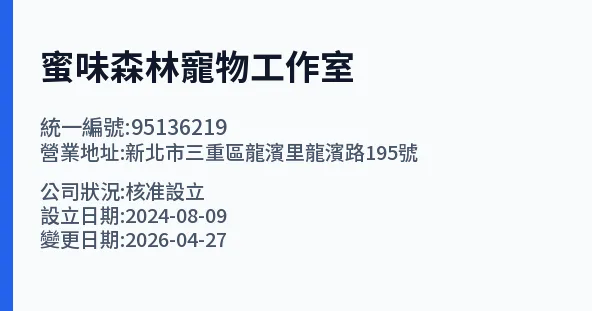 蜜味森林寵物工作室的照片-統編 95136219(新北市) 公司登記資料與營業項目詳細圖表