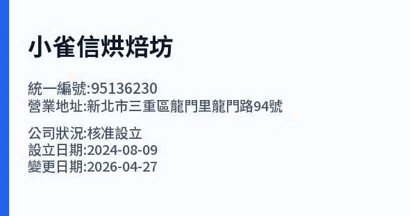 小雀信烘焙坊的照片-統編 95136230(新北市) 公司登記資料與營業項目詳細圖表