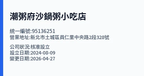 潮粥府沙鍋粥小吃店的照片-統編 95136251(新北市) 公司登記資料與營業項目詳細圖表
