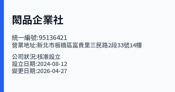 閎品企業社的照片-統編 95136421(新北市) 公司登記資料與營業項目詳細圖表